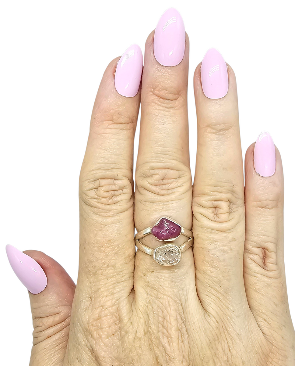 Raw Ruby & Herkimer Diamond Ring, Size P 1/2, Sterling Silver, July an ...