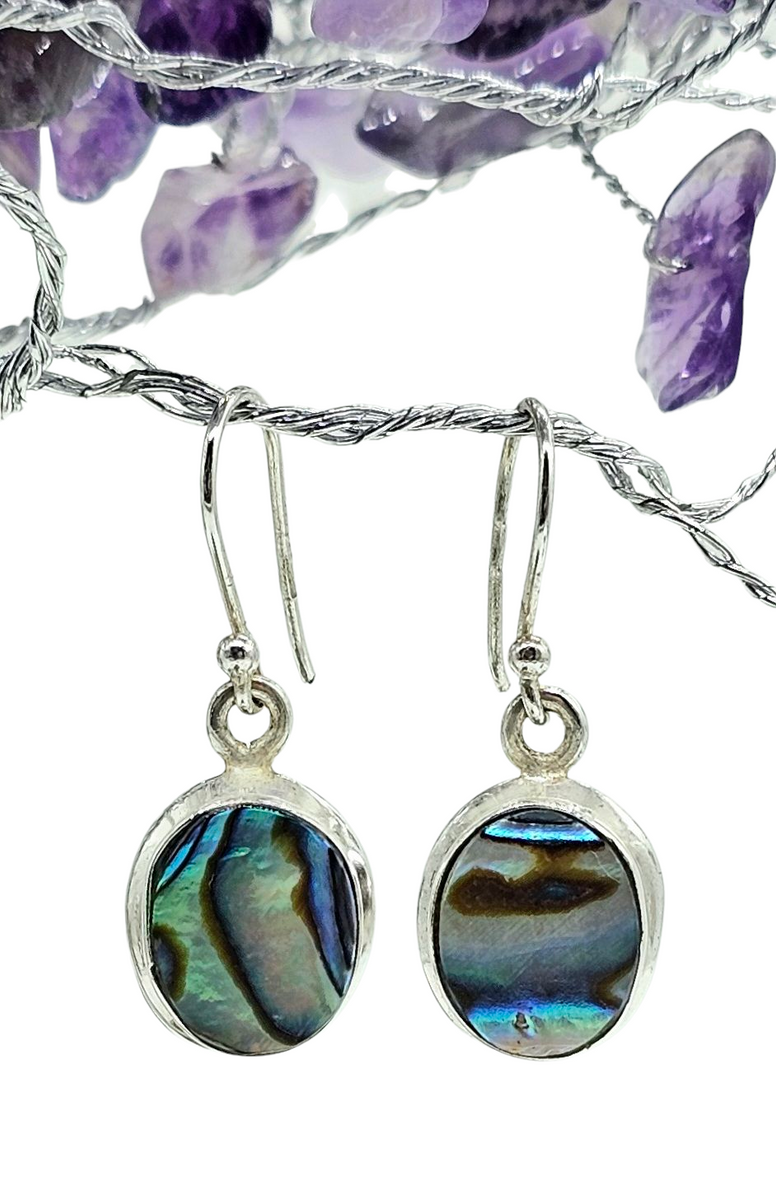 Paua Shell Earrings, Sterling Silver, Abalone Shell, Dangly Oval Drops ...